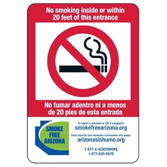 SMOKEFREE AZ NO Smoking 20FT BILING.20" H x 14" W Vinyl Not Laminated ...