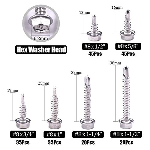 Hilitchi 410 Stainless Steel #8 Hex Washer Head Self Drilling Sheet Metal Tek Screws Assortment ...