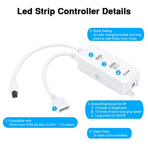 RGB LED Strip Light Controller, with APP, Music Sync and IR Remote ...