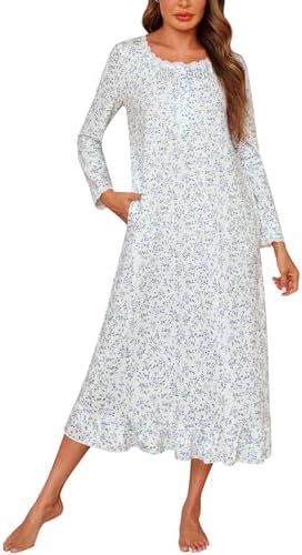 Marvmys Women Long Sleeve Nightgown Long Mumu House Dress Button ...