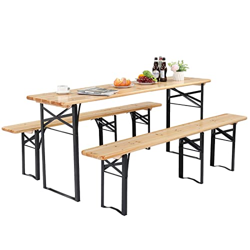 VINGLI Folding Picnic Tables with Benches Set, Weather-Resistant Wooden ...