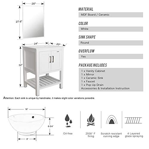 eclife 24” White Bathroom Vanity Sink Combo Cabinet Modern Stand Pedestal W/Round White Ceramic ...
