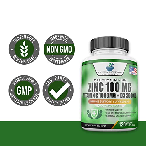 Zinc 100mg, Vitamin C 1000mg, Vitamin D 5000IU per Serving, Immune Support for Adults, Immune ...