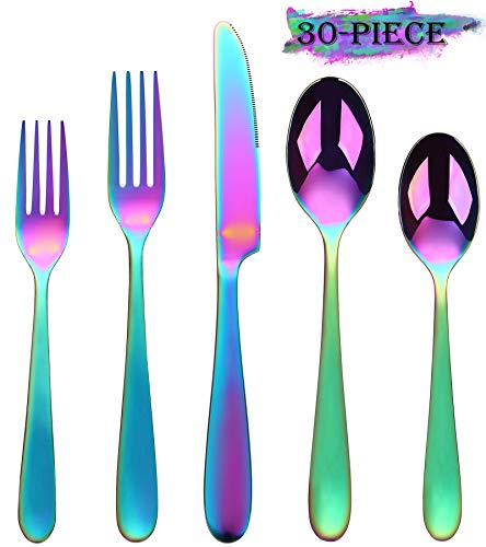 Colorful Rainbow Flatware Silverware Set, 30-Piece Stainless Steel ...