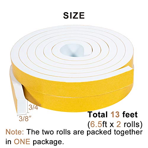 Yotache White Foam Weather Stripping Tape 2 Rolls 3/4 Inch Wide X 3/8 Inch Thick, Door ...