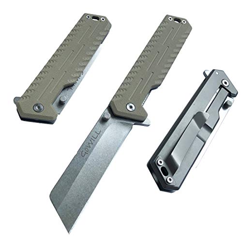 Pocket Folding Cleaver Knife Stone Wash Blade Flip Open G10 Handle with ...