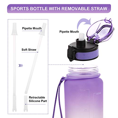 GEMFUL Water Bottle 32oz with Time Marker Straw and Sieve Tritan BPA Free for Fitness Gym ...