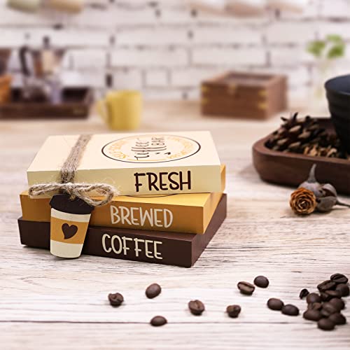 Coffee Bar Book Stack with Wooden Coffee Cup Ornament Fresh Brewed ...