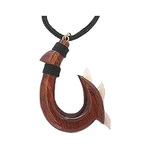 Amazon.com: Hawaiian Koa Wood Shark Tooth Fish Hook Necklace: Jewelry ...