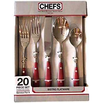 Amazon.com: CHEFS Red Stainless-Steel Bistro Flatware Set, 20-Piece ...