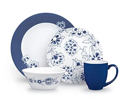 Corelle Indigo Blooms Chip & Break Resistant 16pc Dinner Set, Service ...