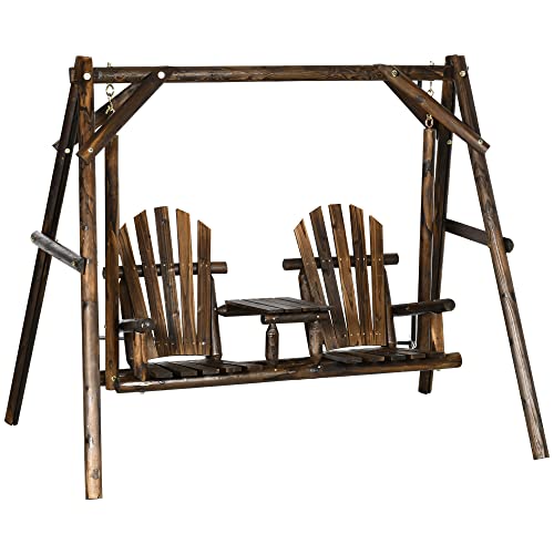 Outsunny Outdoor Adirondack Chair 2 Seat Freestanding Solid Wood Rustic ...
