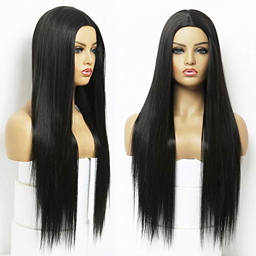 ANDRIA Black Straight Wigs Middle Part Silk Straight Hair Glueless Wigs ...