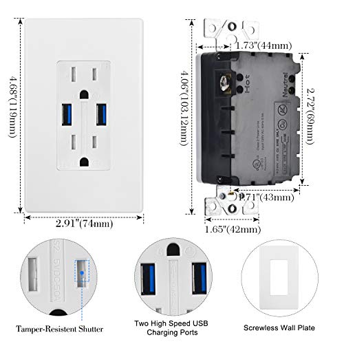 USB Wall Outlet, 2 Pack High-Speed 5.0A USB Outlet 15A Tamper-Resistant ...