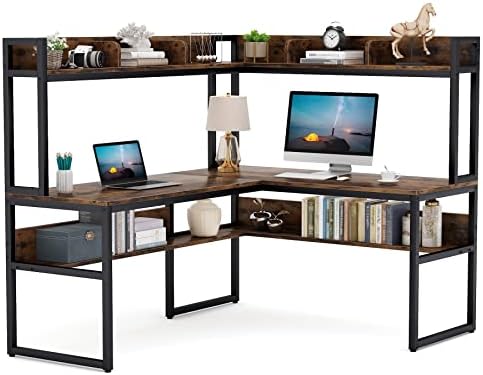 Tribesigns 65 Inch L-Shaped Computer Desk with Hutch, Large Industrial ...