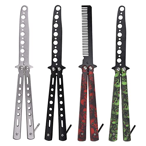 AIFUSI 4 PACK Butterfly Knife Trainer Steel Metal Folding Balisong Comb ...