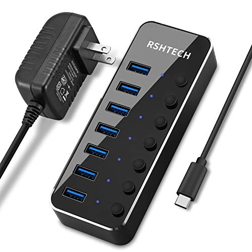 Powered USB HUB RSHTECH Type C to 7 Port USB 3.0 Hub Aluminum Portable Splitter with Individual ...