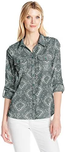 Notations Women's 3/4 Sleeve Printed Y Neck Untility Blouse, Mint ...