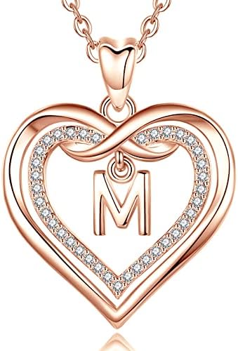 Vito Rose Gold Initial Necklaces for Women, CZ Double Heart Letter M ...