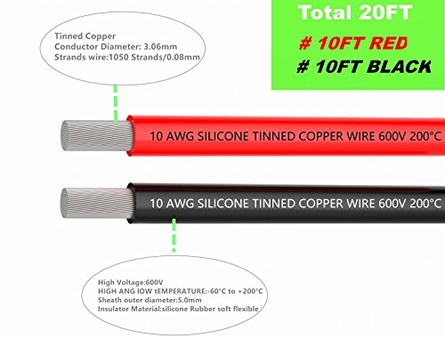 TUOFENG 10 AWG Silicone Wire 20 Feet [10 Feet Black and 10 Feet Red] 10 ...