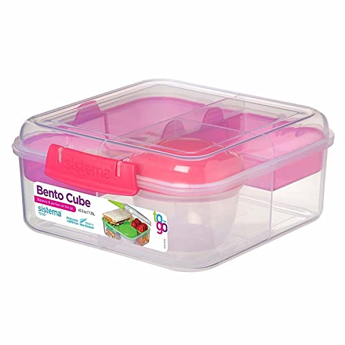 Sistema To Go Collection Bento Cube Lunch Box, Small, Clear/Pink Klips ...