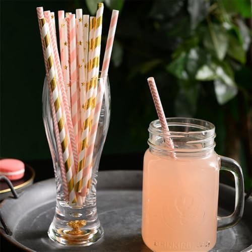 GMWARDDF 100 Biodegradable Pink & Gold Paper Straws for Weddings ...