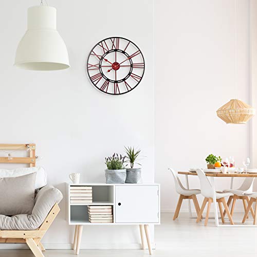 BEW Large Wall Clock, 24 Inch Red Skeleton Vintage Industrial ...