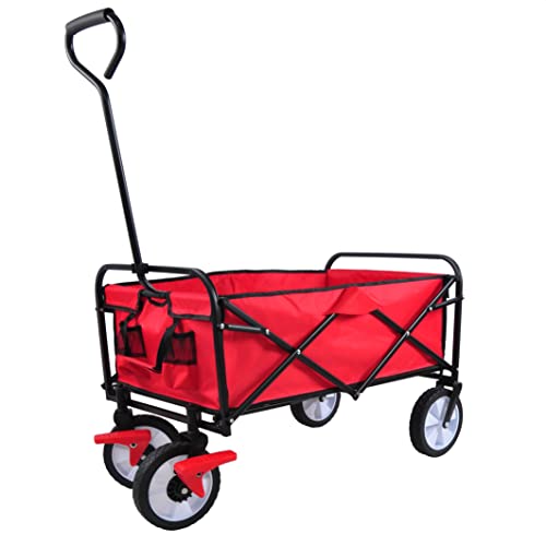 Red Folding Wagon Garden Cart with Front Wheel Brakes, Outdoor Utility ...