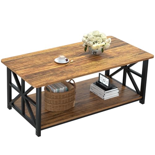 GreenForest Coffee Table with Round Corner, Farmhouse Center Table with ...