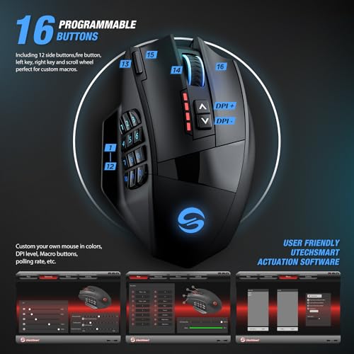 UtechSmart Venus Pro RGB Wireless MMO Gaming Mouse, 16,000 DPI Optical ...
