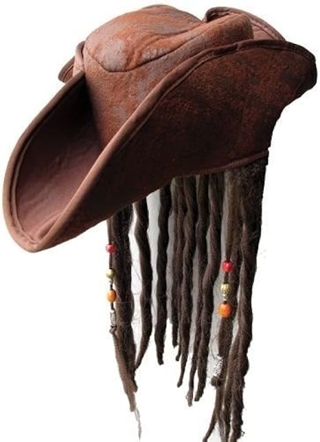 ADULTS BROWN PIRATE HAT WITH HAIR JACK SPARROW PIRATES HAT FANCY DRESS ...