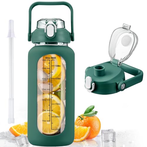 kytffu 64oz Glass Water Bottles with Straw, Half Gallon Motivational Glass Bottle with Silicone ...