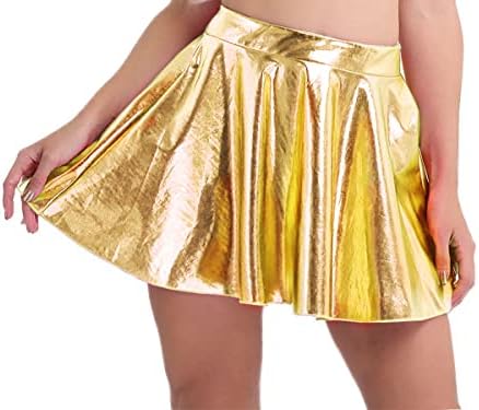 Smile Fish Women's Shiny Metallic Skirt Alien Costume Mini Skater Skirt ...