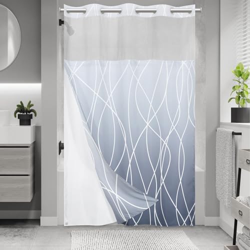 LXBNI No Hook Ombre Blue Striped Stall Shower Curtain with Snap in Fabric Liner Set - Hotel ...