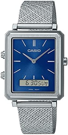 Casio Men Watch Analog Digital Blue Dial Stainless Steel Mesh Band MTP ...