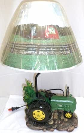 Green Farm Tractor Table Lamp with Barnyard Scene Shade, Table Lamps ...