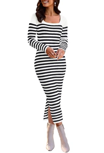 MEROKEETY Women's Fall Long Sleeve Striped Sweater Dress Bodycon Square ...