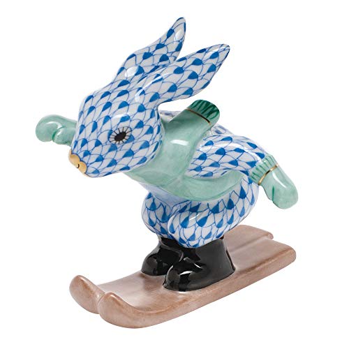 Herend Ski Bunny Rabbit Porcelain Figurine Blue Fishnet