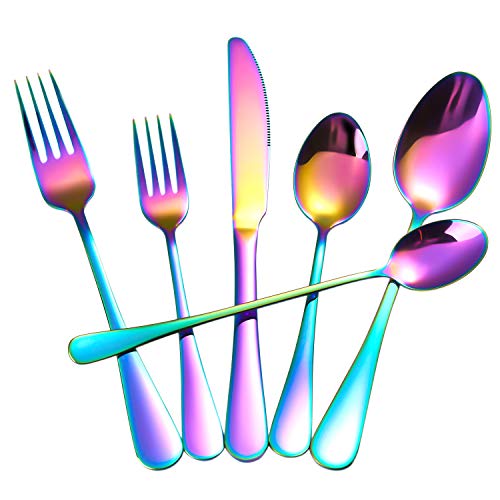 Rainbow Silverware Set,24-Piece Stainless Steel Colorful Flatware Set ...