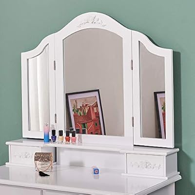 Modern White Folding Three Mirror Dressing Table with Padded Stool 4 ...