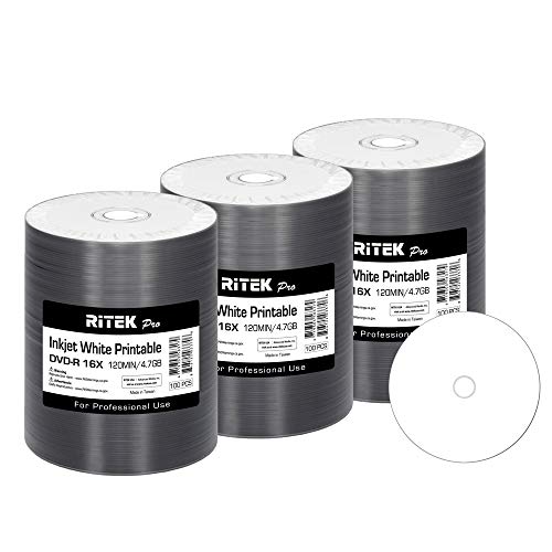300 Pack Ritek Pro (Professional Grade) DVD-R 16X 4.7GB AZO Dye (MID MXL RG04) White Inkjet Hub ...
