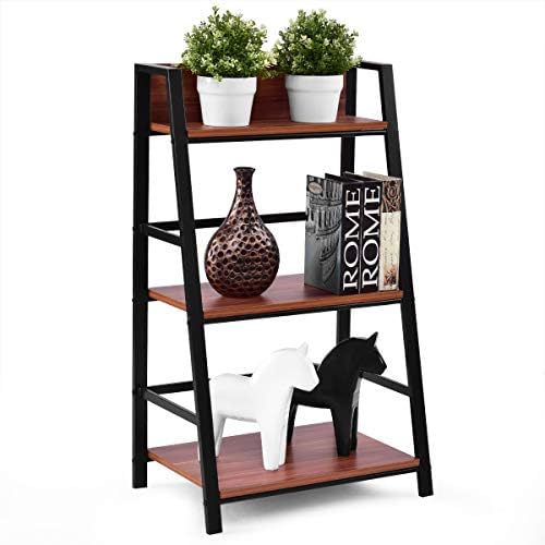 Tangkula 3-Tier Ladder Bookshelf, Industrial Wooden Bookcase w/Metal ...