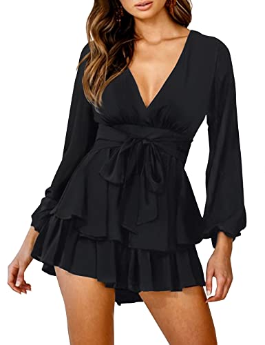 AIMCOO Women's Floral Print Deep V-Neck Romper Double Layer Ruffle Hem ...