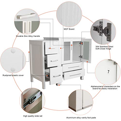 eclife 36” White Bathroom Vanity Sink Combo W/White Side Cabinet Vanity W/Square White Ceramic ...