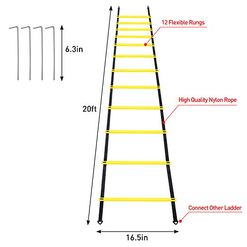 Pro Speed & Agility Training Setâ Includes 12 Rung 20ft Adjustable Agility Ladder with Carrying ...