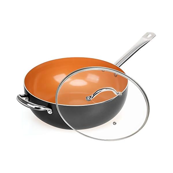 SHINEURI 12 Inch Copper Wok Pan and Stir Fry Pan with Lid, Nonstick ...