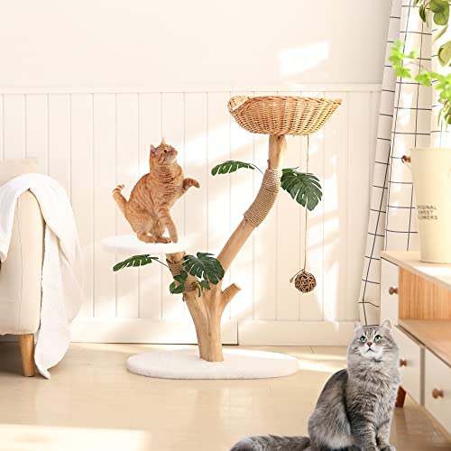 Wood Cat Tree with Leaves Modern Cat Tree for Indoor Cats Medium Cat ...