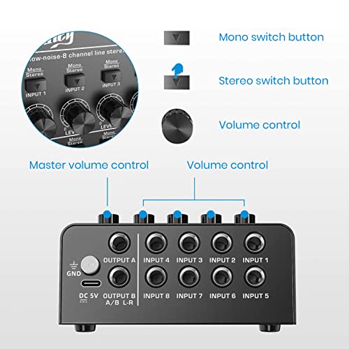 Moukey Audio Mixer Line Mixer, DC 5V, 8-Stereo Ultra, Low Noise 8-Channel for Sub-Mixing, Ideal ...