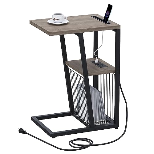 Heybly Side Table C Shaped Nightstand End Sofa Table with Charging ...