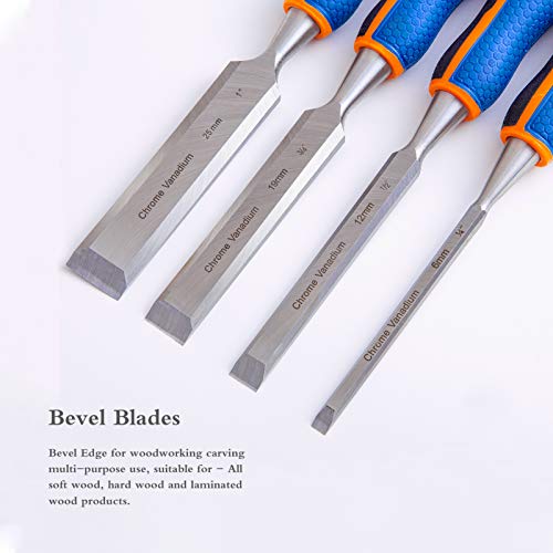 T TOPBUILT 4-piece Wood Chisel Set Cr-V Construction，Soft Grip with ...
